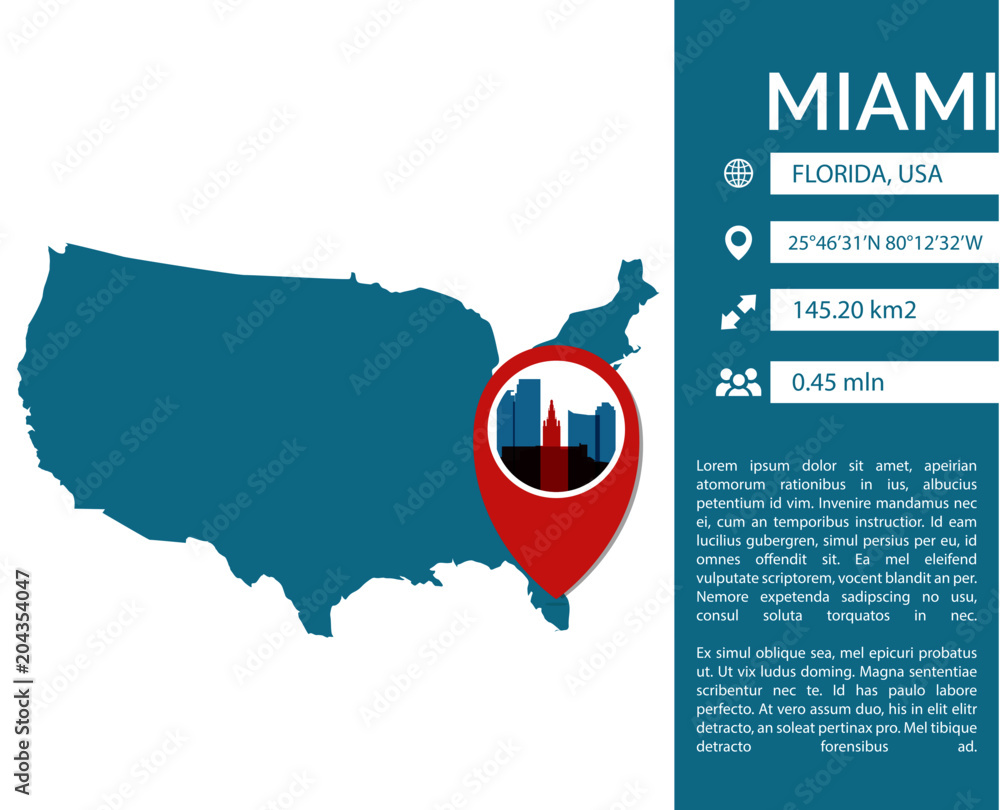 Miami pin point map shape vector infographics template. Modern city ...