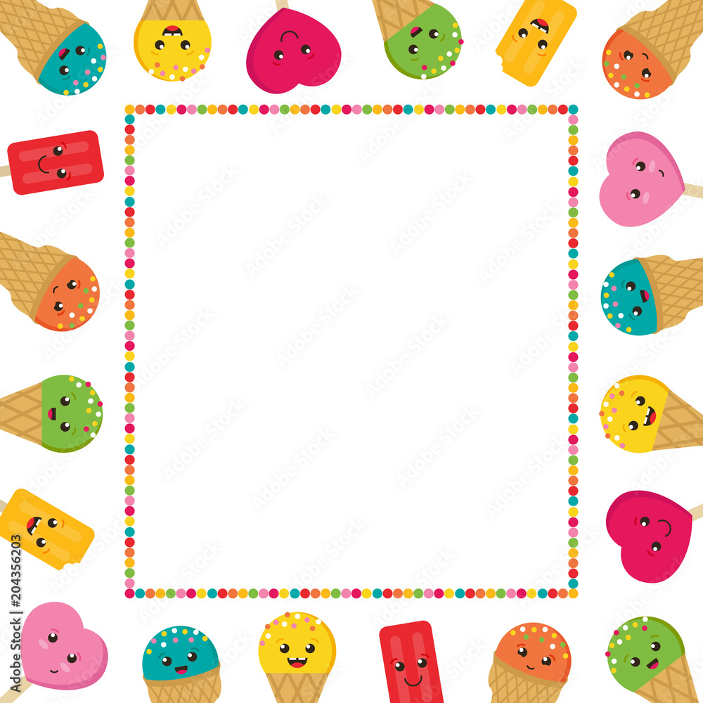 Vector frame, card with cute smiling cartoon ice cream characters ...