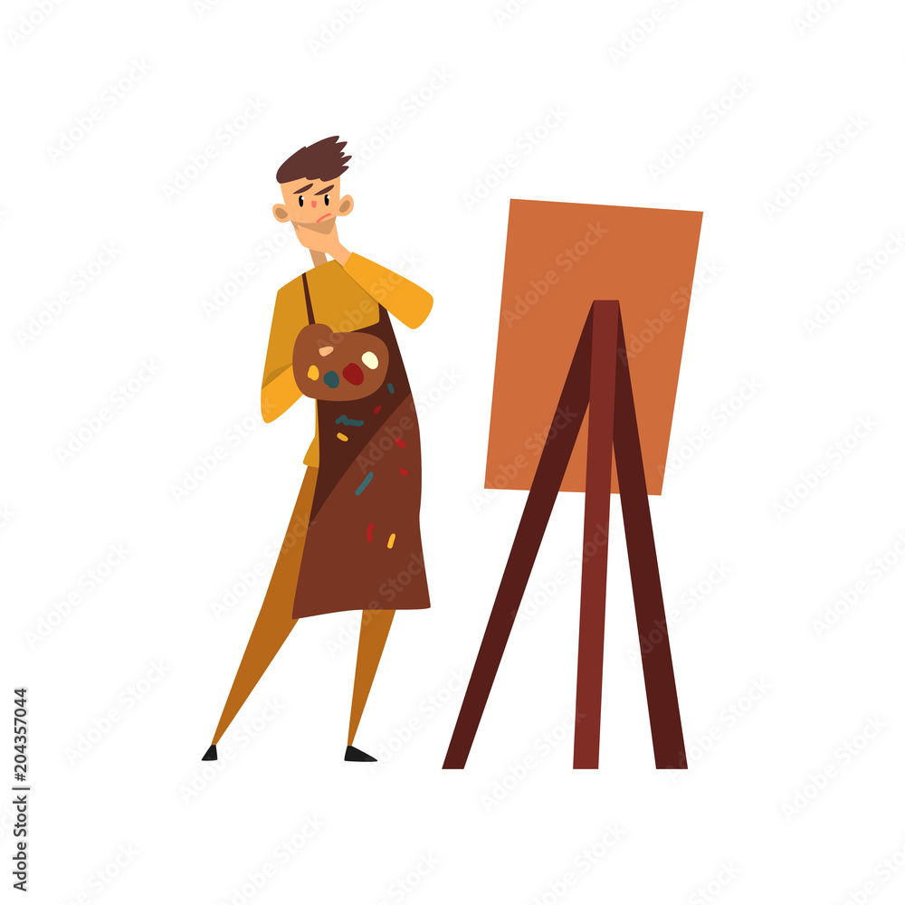Male professional artist character in apron drawing on an easel with ...