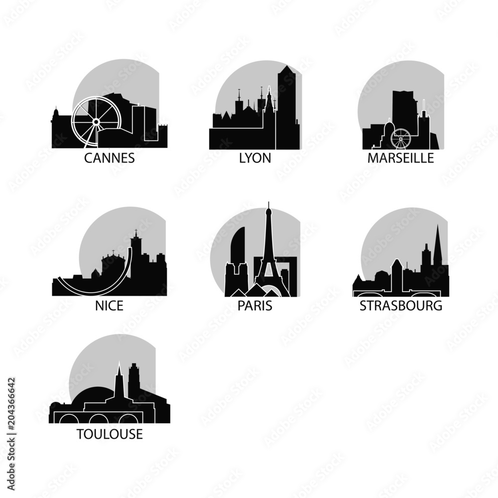 France cities icons set, modern skyline citysape landmark logo vector ...