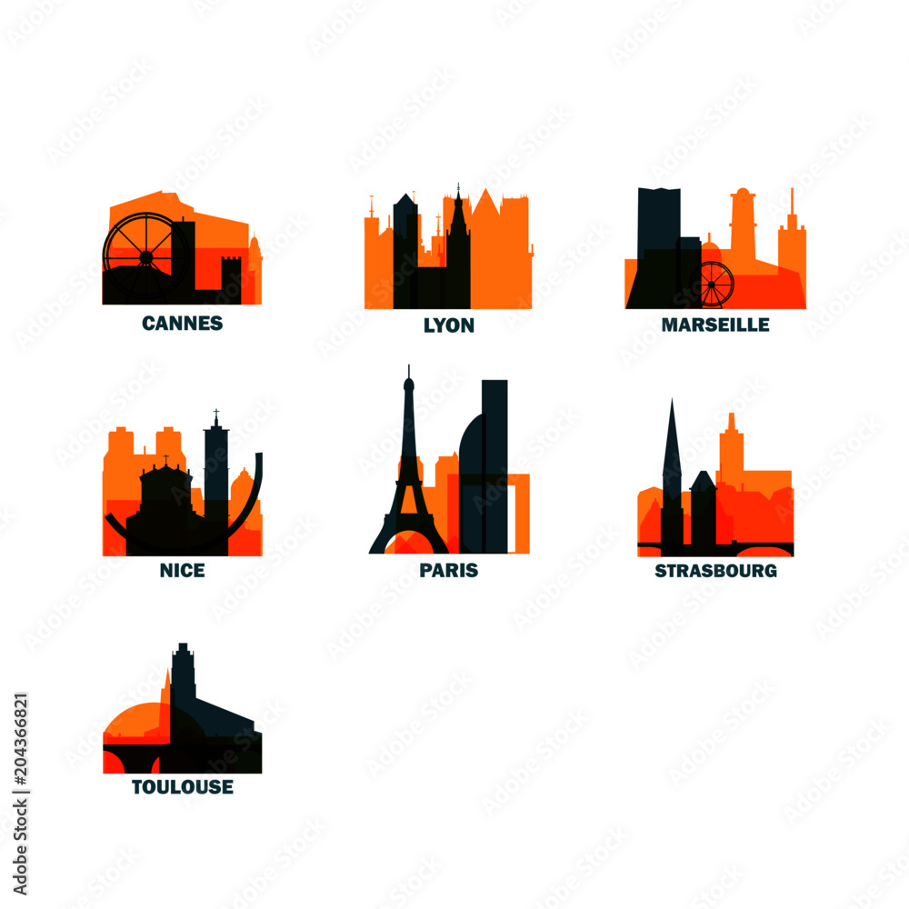 France cities icons set, modern skyline citysape landmark logo vector ...