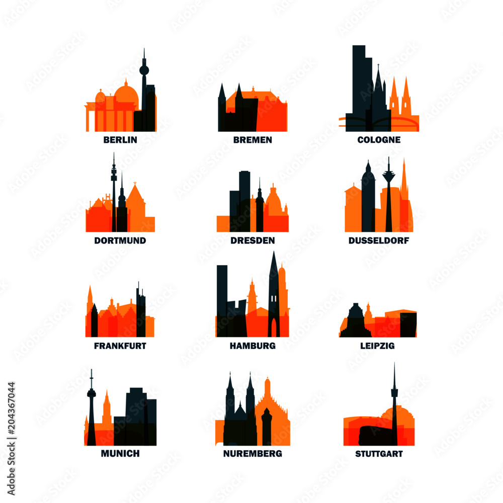 Germany cities icons set, modern skyline citysape landmark logo vector ...