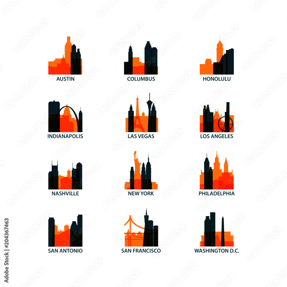 United States of America USA cities icons set, modern skyline citysape ...