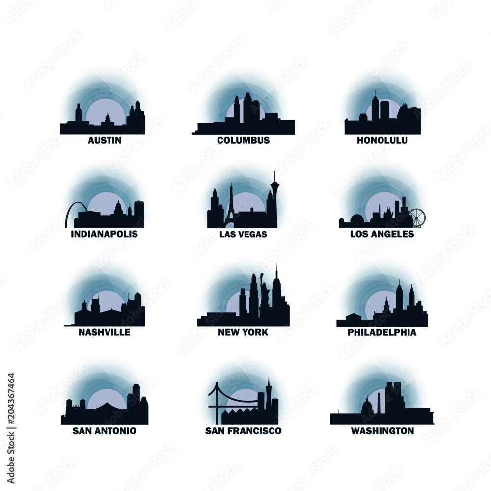 United States of America USA cities icons set, modern skyline citysape ...