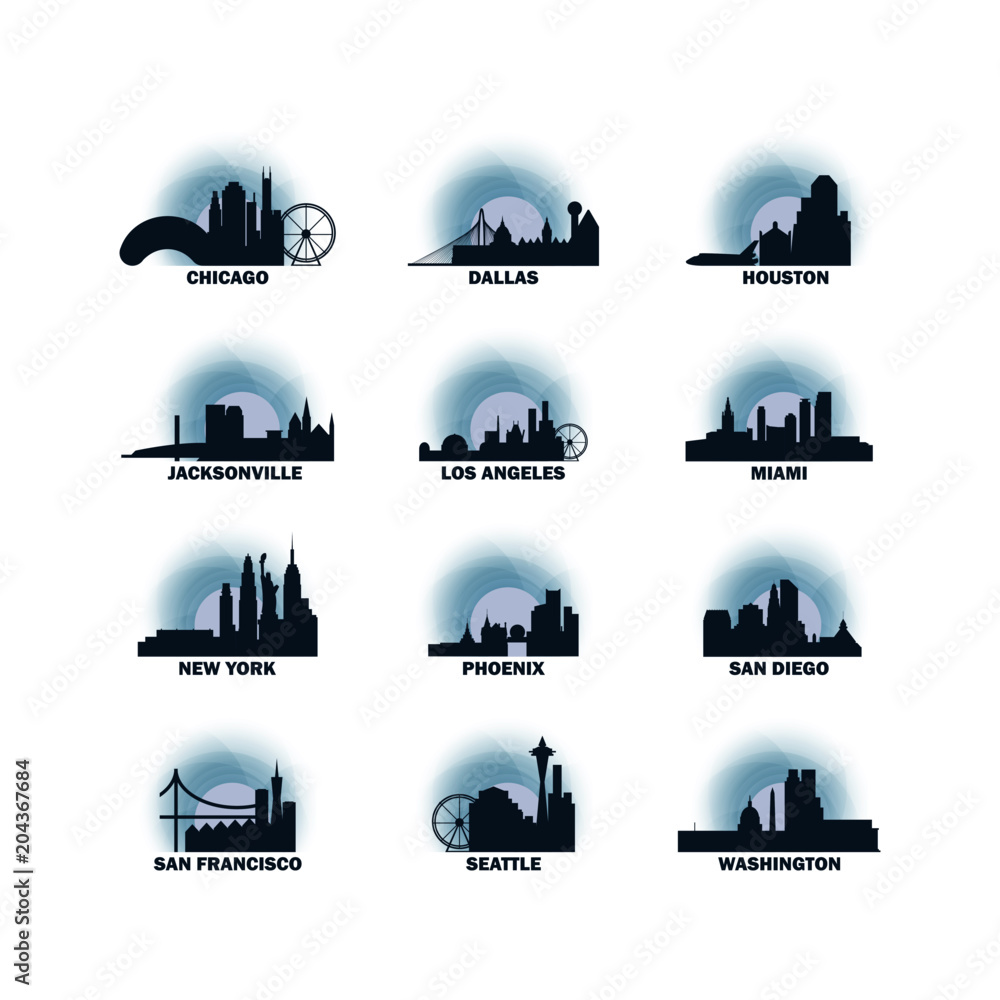 United States of America USA cities icons set, modern skyline citysape ...