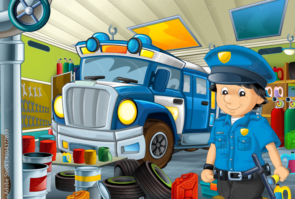 cartoon scene with policeman in some garage - working repearing police ...