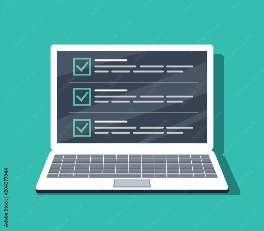 Checklist on the laptop screen. Isolated vector illustration in flat ...