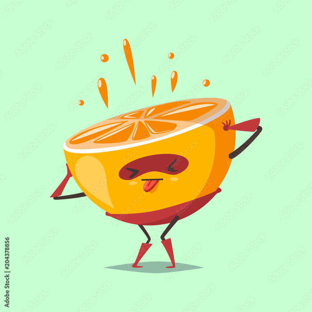 Cute Orange cartoon character of a fruit in a superhero costume and ...