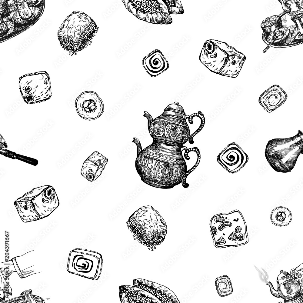 Seamless pattern of hand drawn sketch style Turkish delight, food, tea ...