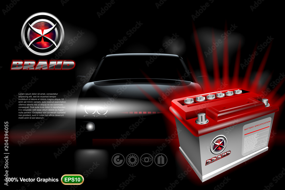 Car battery with car on black background. Mock up is ready to be ...