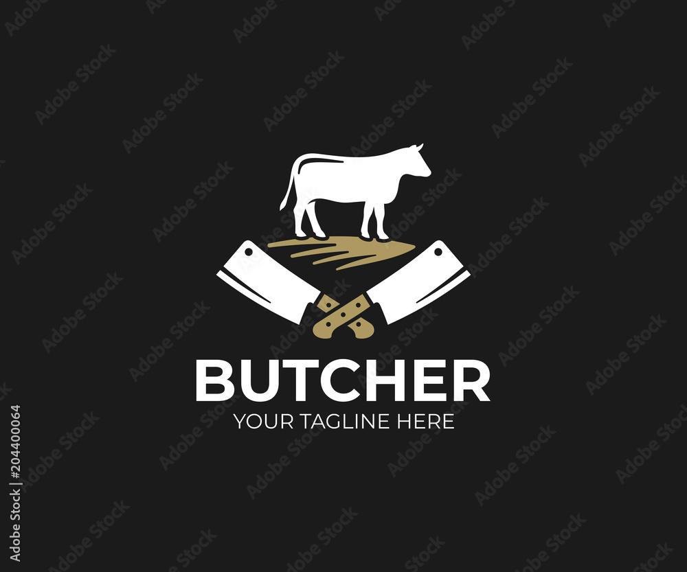 Butcher shop logo template. Cow and meat cleaver knife vector design ...