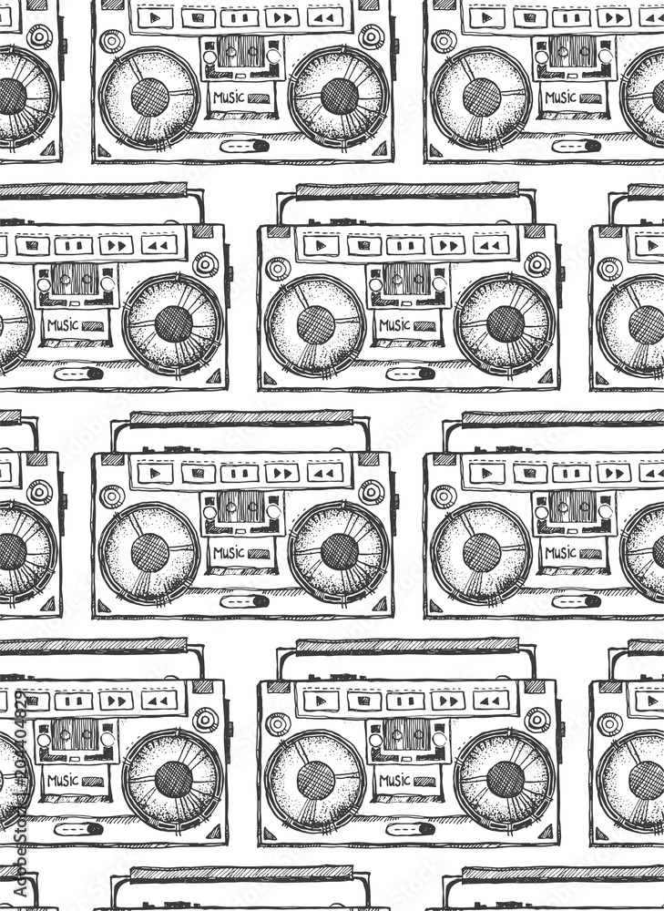 Seamless texture with drawn by hand boombox. Repeating background. Tile ...