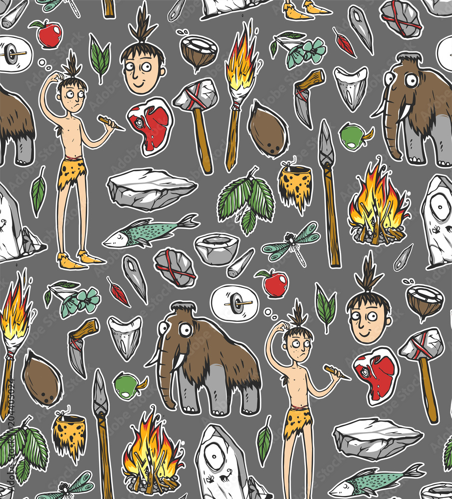 Seamless texture with prehistoric life of the caveman in Stone Age ...