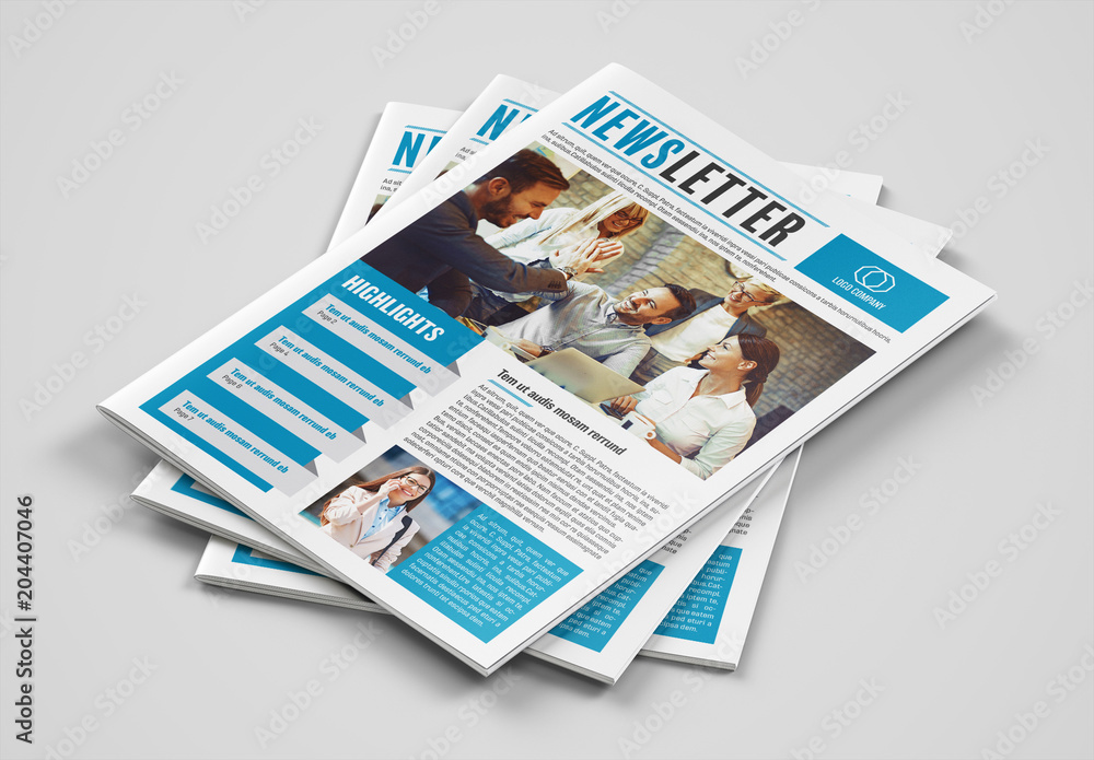 Newsletter Layout with Blue Accents Stock Template | Adobe Stock