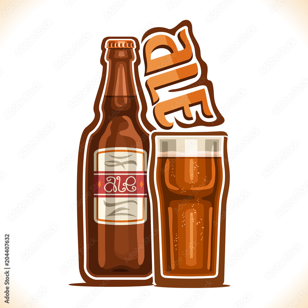 Vector illustration of alcohol drink Ale, poster with dark brown bottle ...