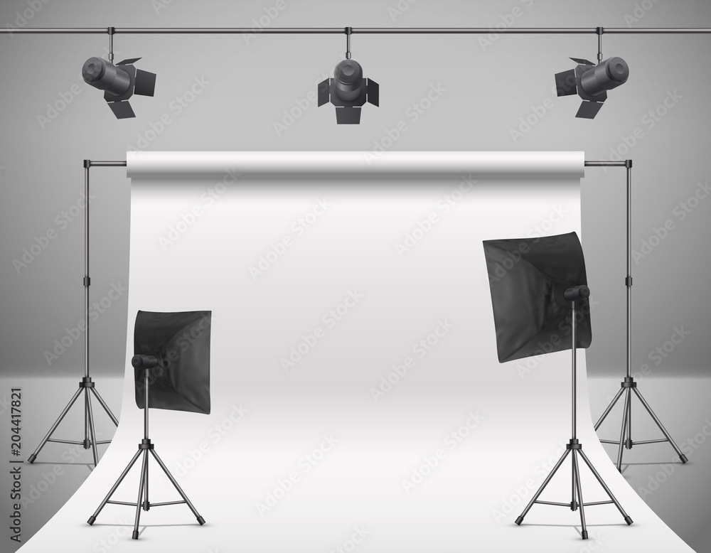 Vector realistic illustration of empty photo studio with blank white ...