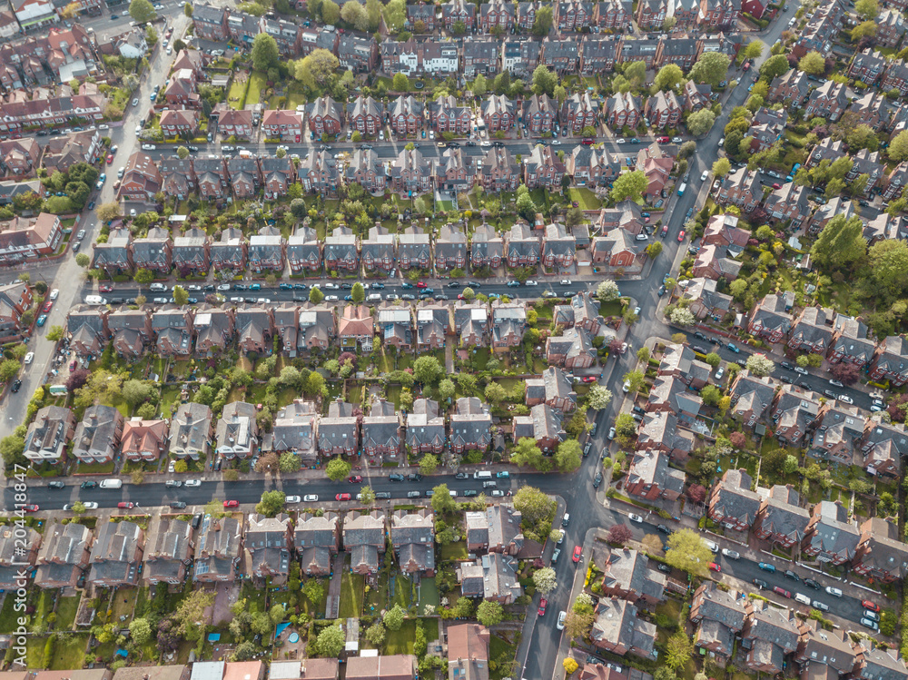 Residential houses drone above aerial view blue sky with park and ...