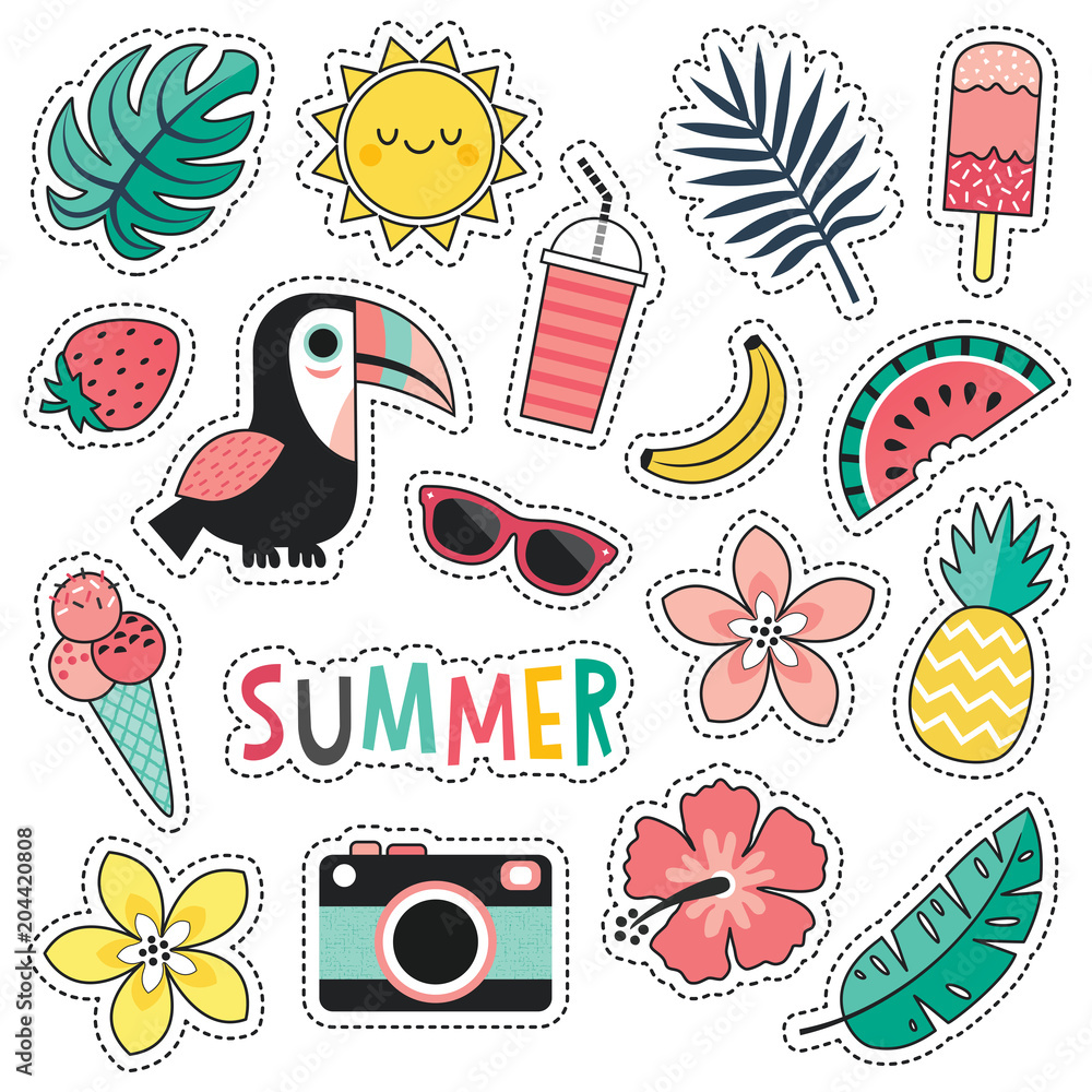 Cartoon style vector summer patches with cute toucan, tropical leaves ...