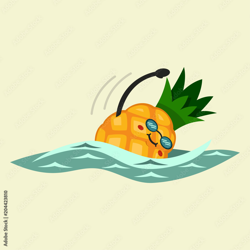 Cute Pineapple cartoon character is engaged in swimming. Eating healthy ...
