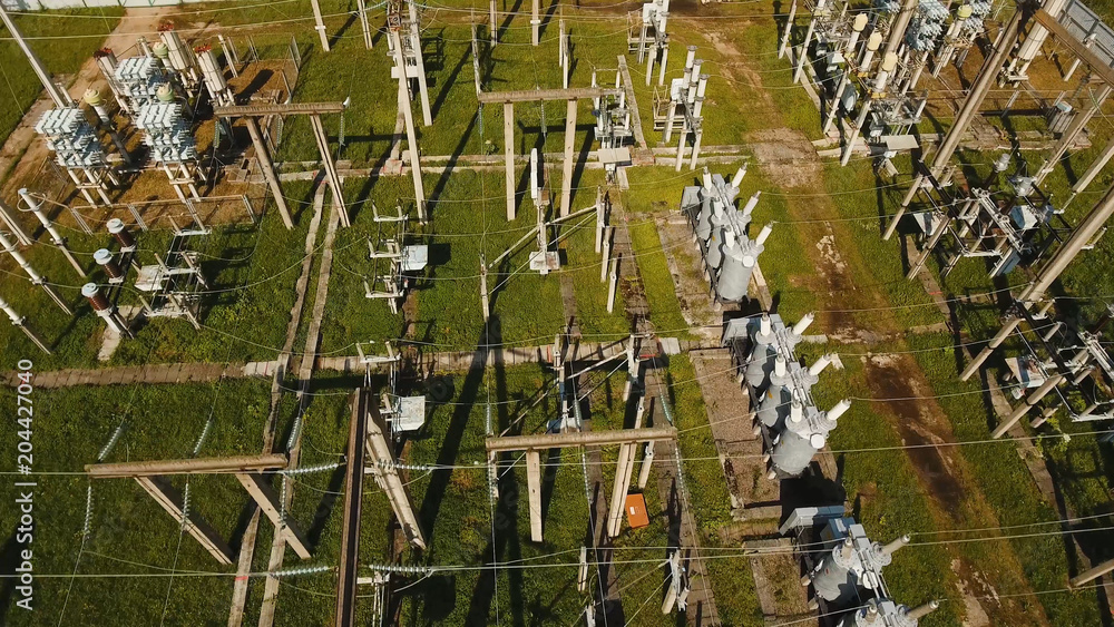 Aerial view Power plant, transformation station, cables and wires. High ...