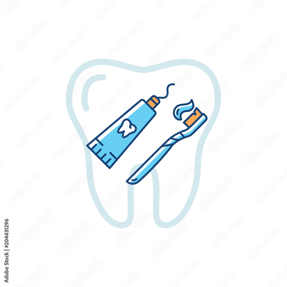 Tube of toothpaste and toothbrush icons. Dental care logo ...