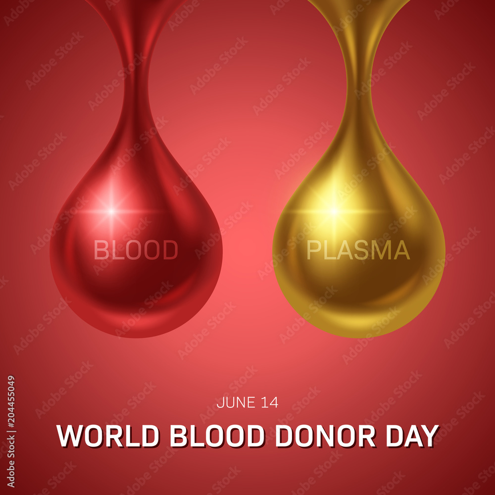 World blood donor day poster. Realistic blood and plasma drops. Vector ...