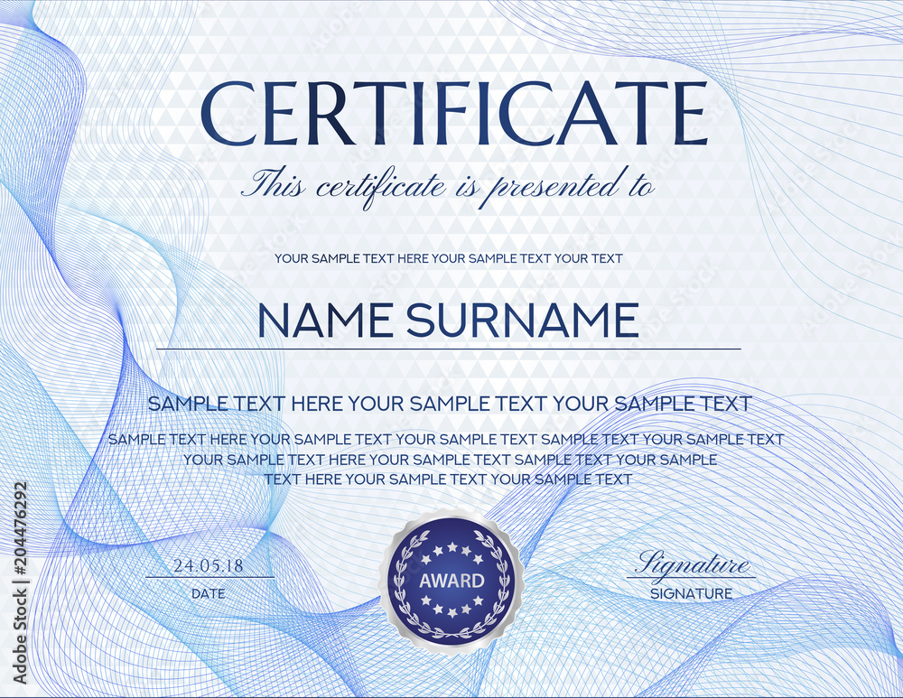 Certificate with white abstract background. Design template with blue ...
