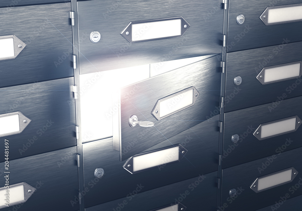 Safes with an open one safe cell. Light from the bank cell. 3d ...