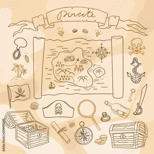 Old style pirate treasure map. Hand drawn pirates illustrations ...