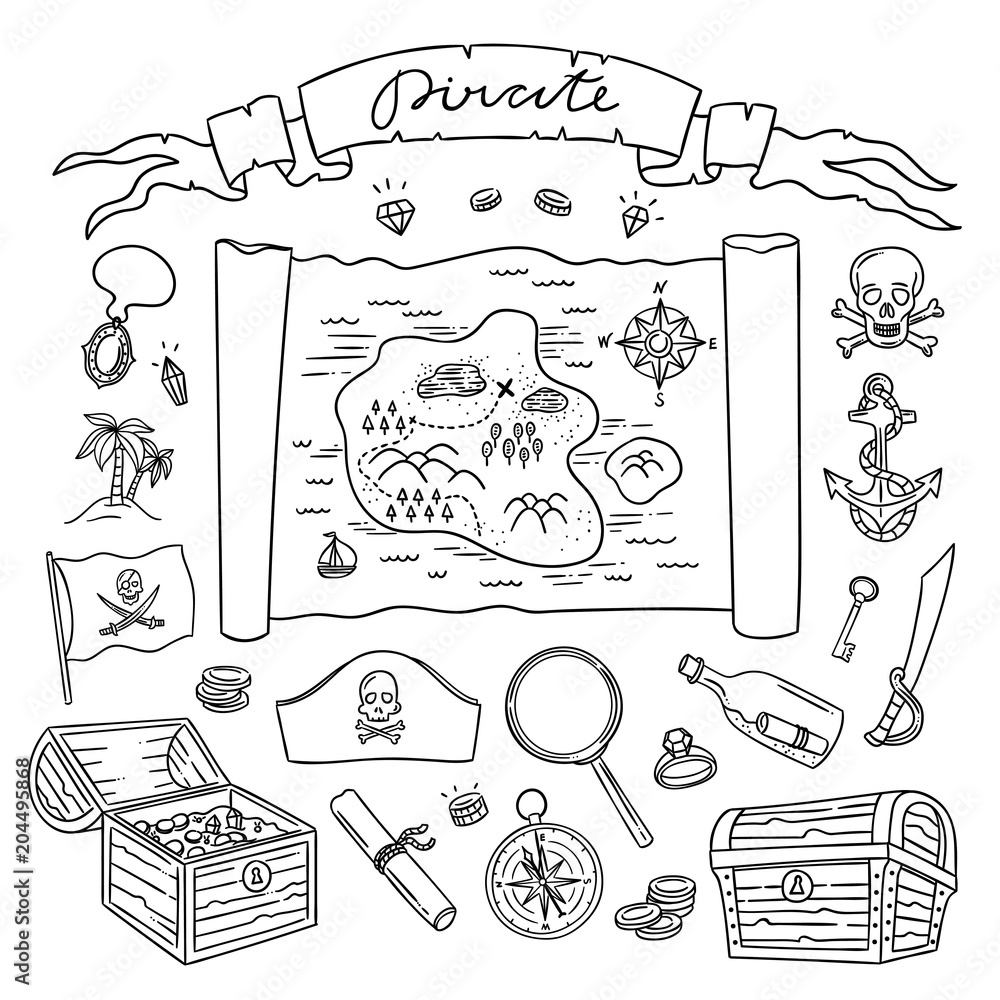 Hand drawn pirate set. Pirates flag and treasures map. Nautical symbols ...