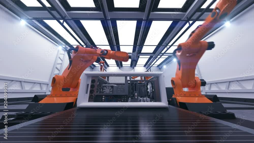 Beautiful Robotic Arms Assembling Computer Cases On Conveyor Belt ...
