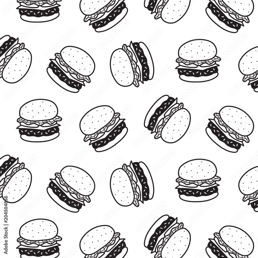 Hand drawn vector illustration of hamburger pattern. black and white ...