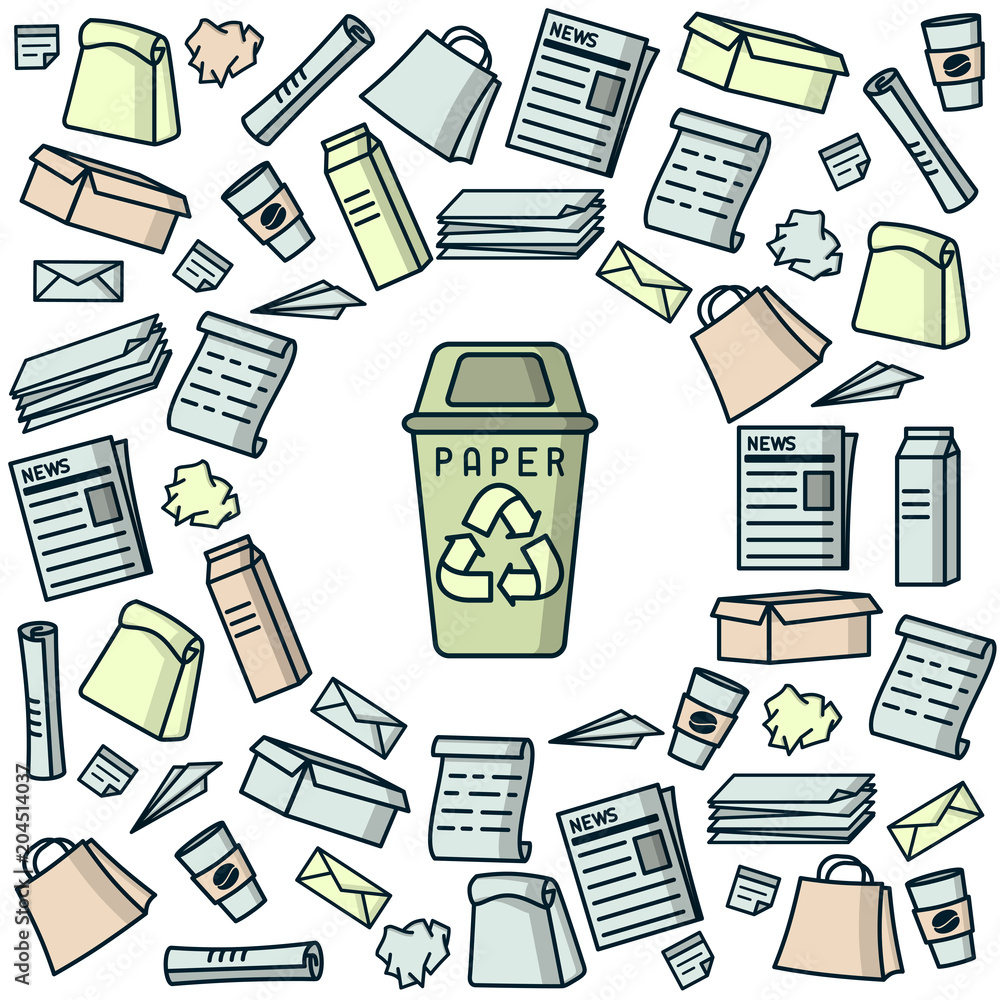 Paper recycling card with paper trash and dumpster. Cartoon style ...