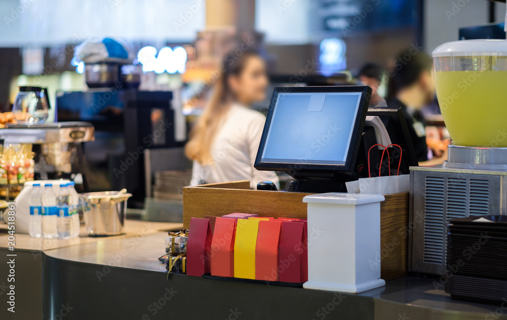 Cash desk terminal with order screen in small cafe Stock Photo | Adobe ...