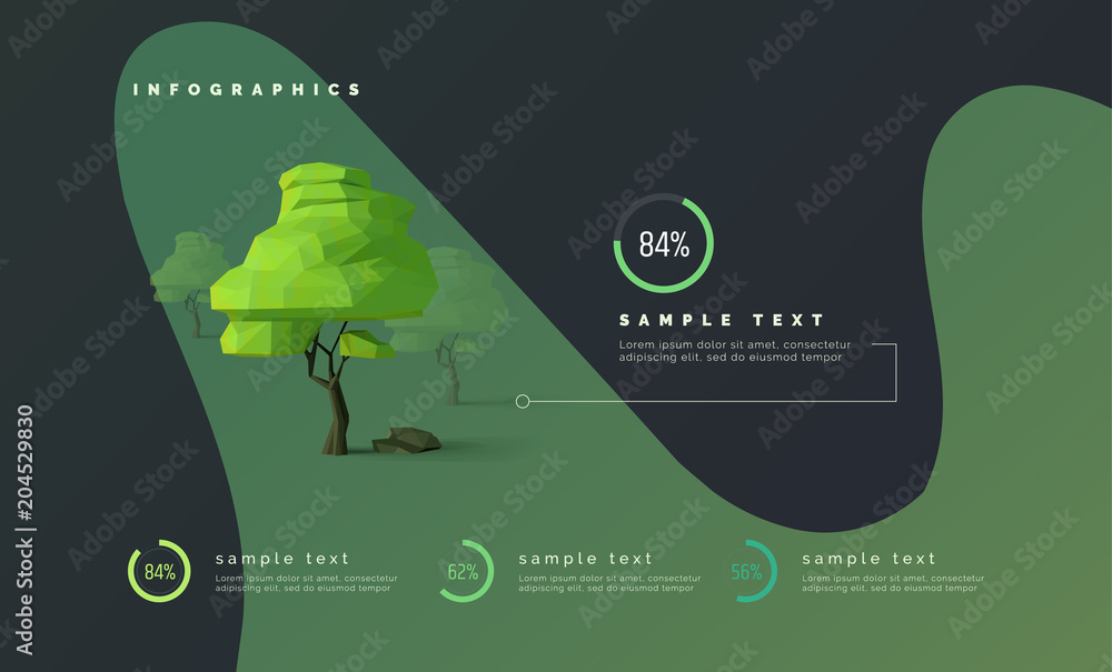 Eco infographics with low poly trees. Diagrams, percentages, progress ...
