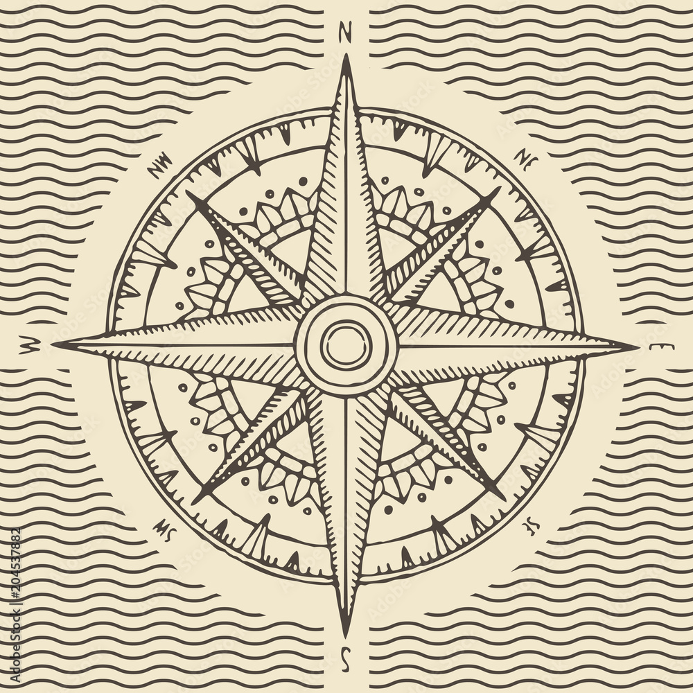Hand-drawn vector banner with a wind rose and old nautical compass in ...