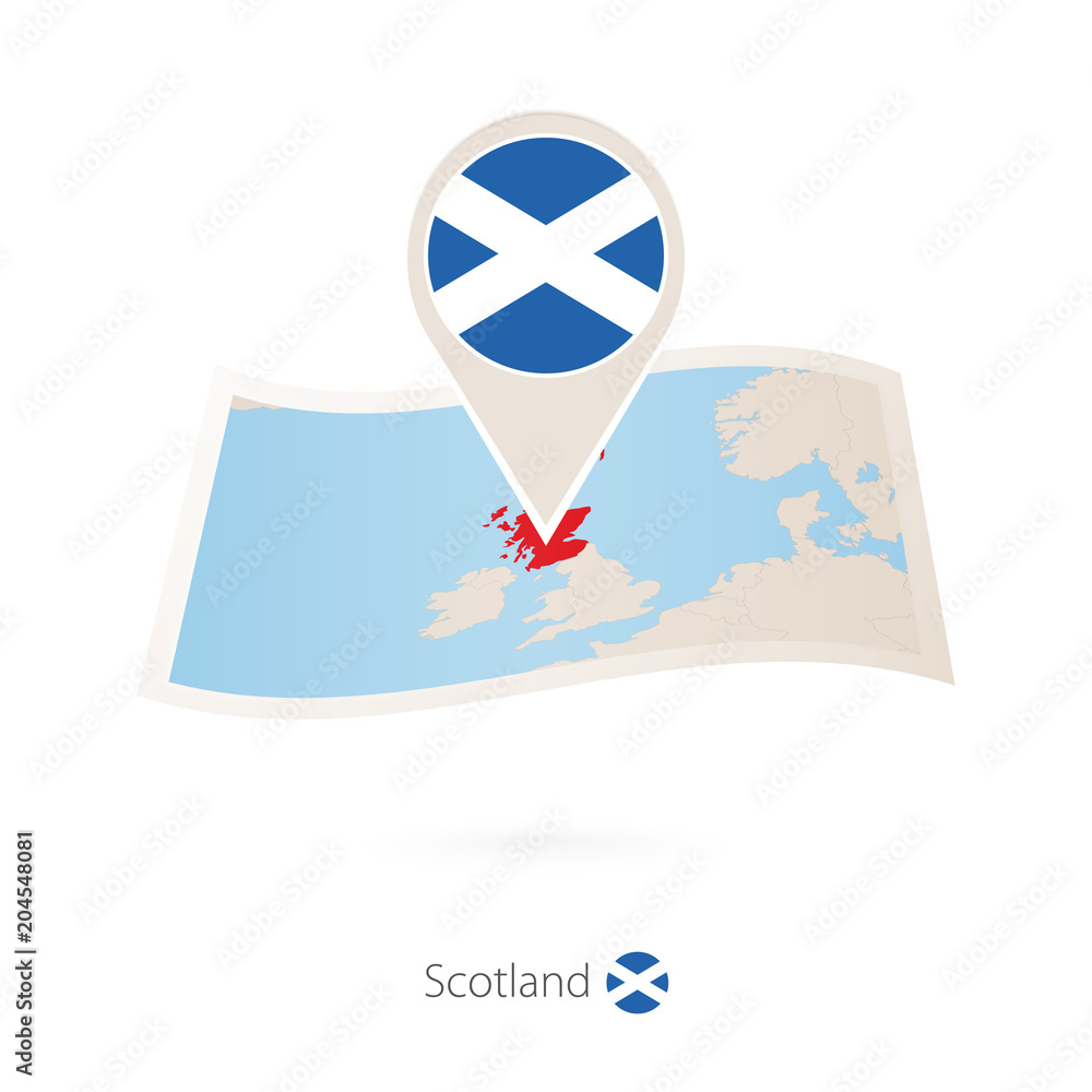 Folded paper map of Scotland with flag pin of Scotland. Stock Vector ...