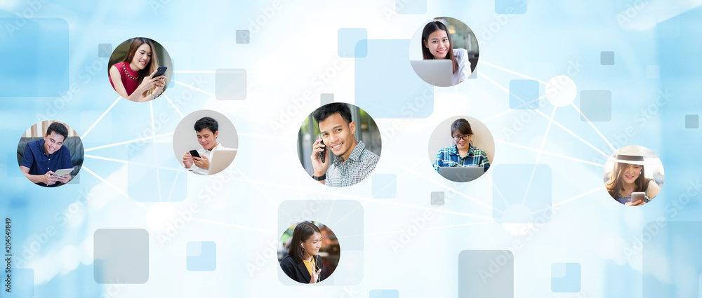 group of diverse ethnic people connecting with device communication for ...