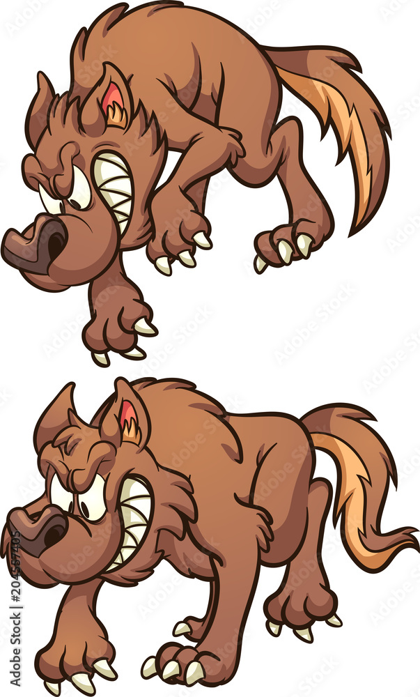 Cartoon brown wolf pouncing and stalking. Vector clip art illustration ...