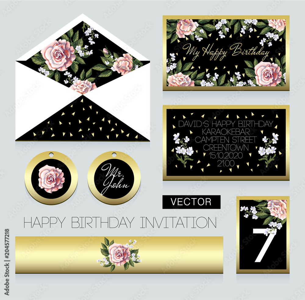 Invitation to birthday party, an envelope, a room number for a table ...