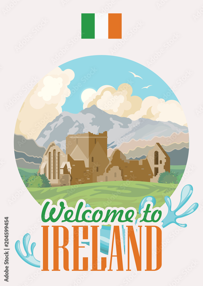 Poster Ireland vector illustration with landmarks, irish castle, green ...