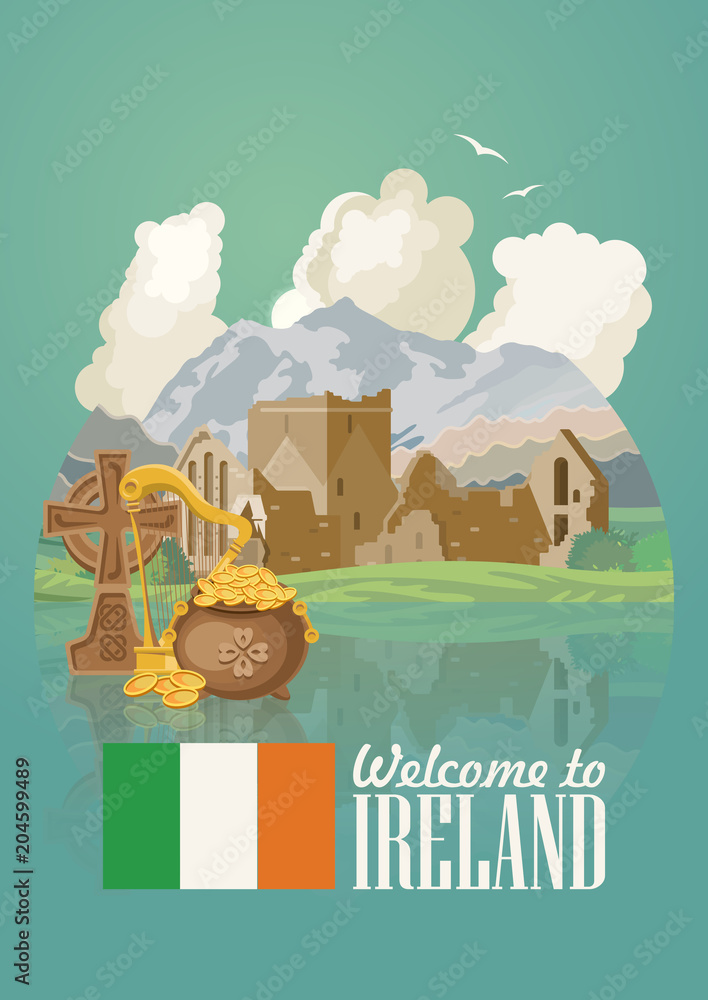 Ireland vector illustration with landmarks, irish castle, green fields ...