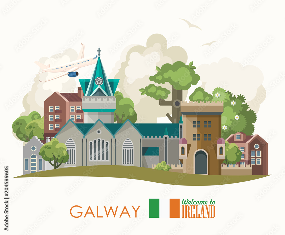 Ireland vector illustration with landmarks, irish castle, green fields ...