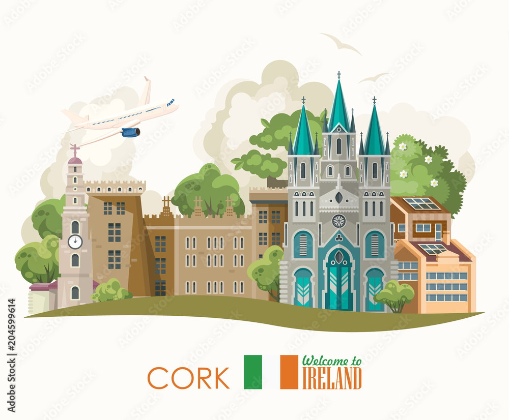 Ireland vector illustration with landmarks, irish castle, green fields ...
