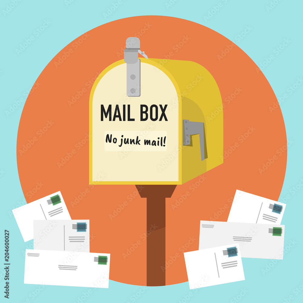 Mailbox surrounded by junk mail postcards. Spam inbox concept. Orange ...