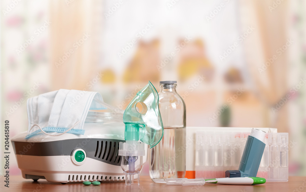 Compressor nebulizer and small pocket inhaler, medication, pills ...