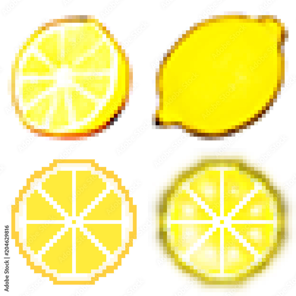 Pixel art: lemon fruits, bot whole and sliced, in four different styles ...