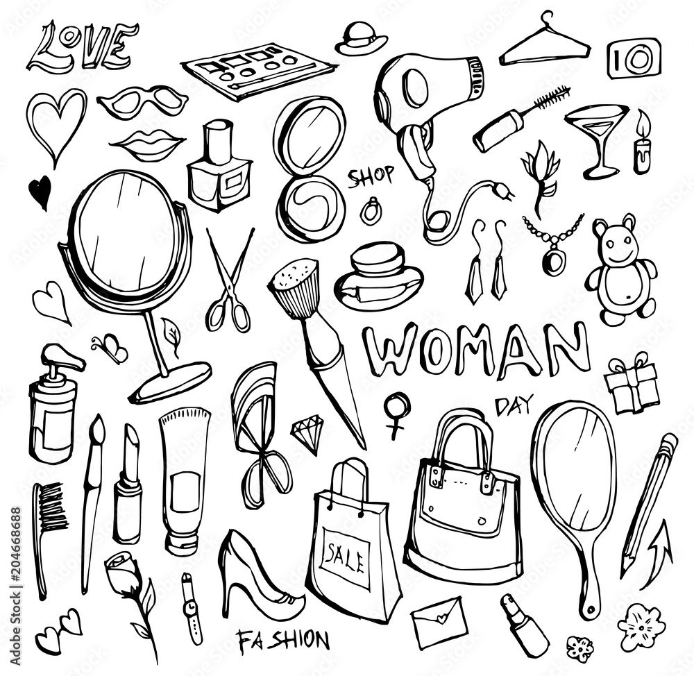 Hand drawn Sketch doodle vector line Women element icon set on white ...