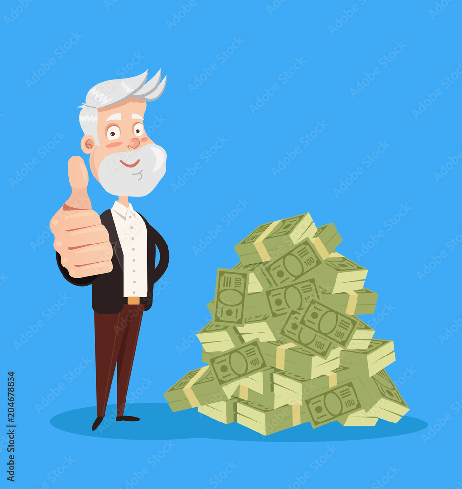 Happy smiling old man grandfather character standing near big pile heap ...