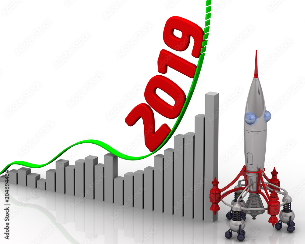 Growth chart for 2019 year. Graph of rapid growth with red numbers 2019 ...